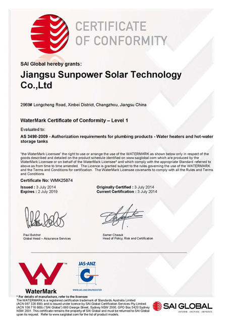 Certificate - Jiangsu Sunpower Solar Technology Co,.Ltd